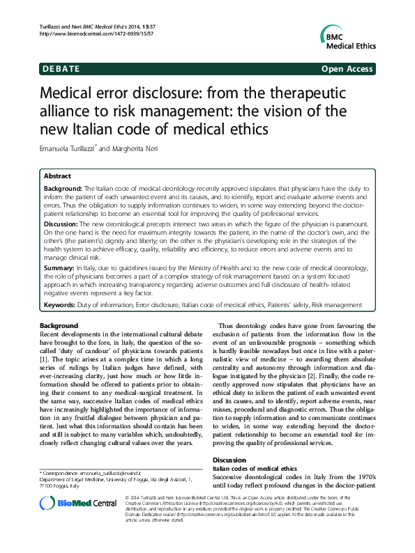 (PDF) Medical error disclosure: from the therapeutic alliance to risk ...