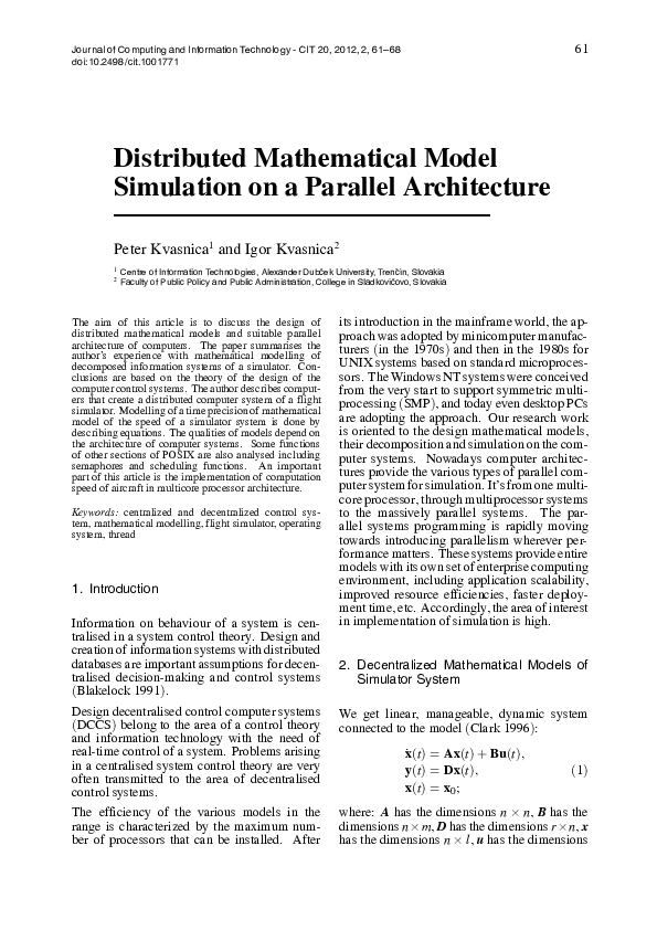 Pdf Distributed Mathematical Model Simulation On A Parallel Architecture