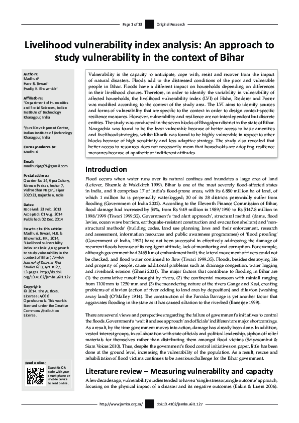(PDF) Livelihood vulnerability index analysis: An approach to study vulnerability in the context ...