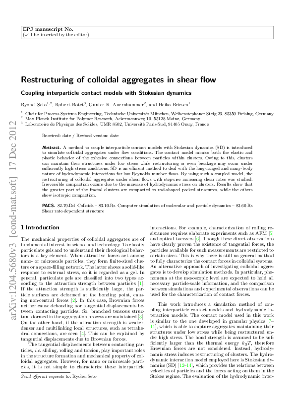 (PDF) Restructuring of colloidal aggregates in shear flow