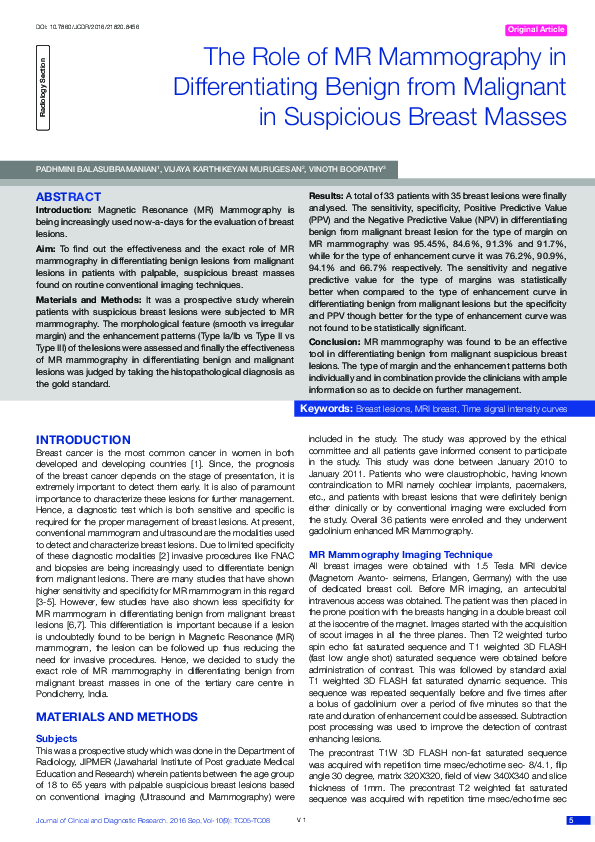 (PDF) The Role of MR Mammography in Differentiating Benign from Malignant in Suspicious Breast ...