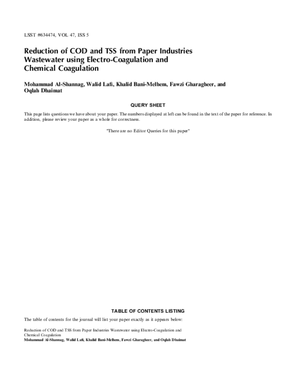 (PDF) Reduction of COD and TSS from Paper Industries Wastewater using Electro-Coagulation and ...