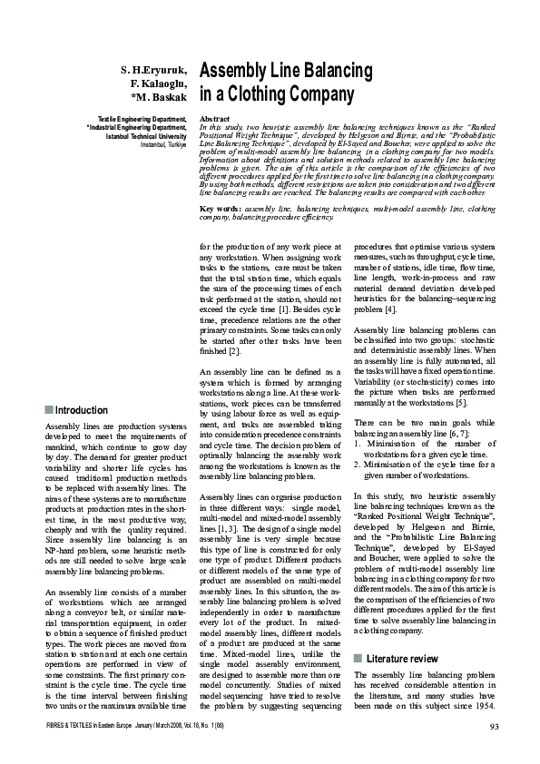 (PDF) ASSEMBLY LINE BALANCING in a CLOTHING COMPANY
