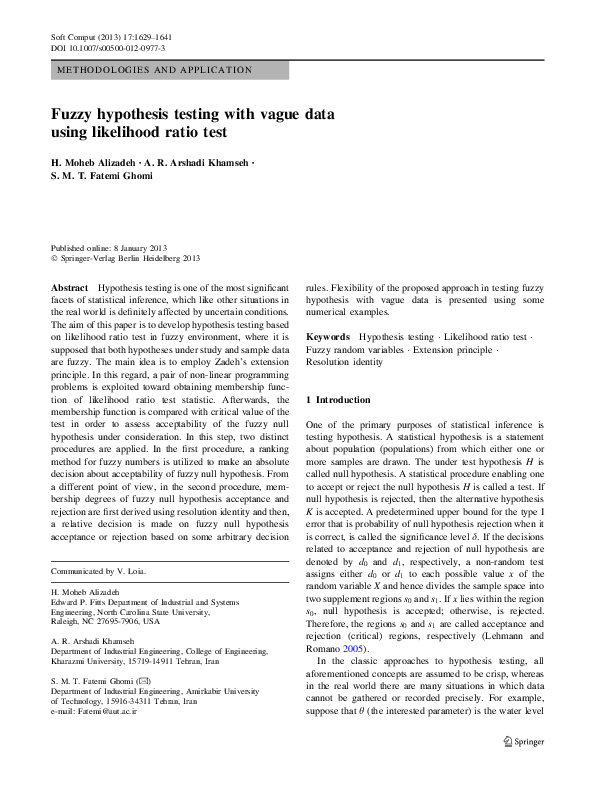 Pdf Fuzzy Hypothesis Testing With Vague Data Using Likelihood Ratio Test