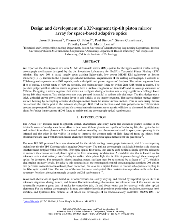 (PDF) Design and development of a 329-segment tip-tilt piston mirror array for space-based ...