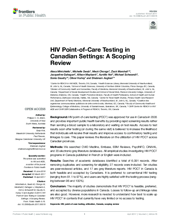 (PDF) HIV Point-of-Care Testing in Canadian Settings: A Scoping Review