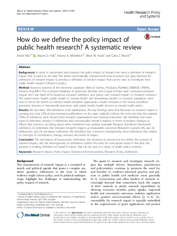 (PDF) How do we define the policy impact of public health research? A ...
