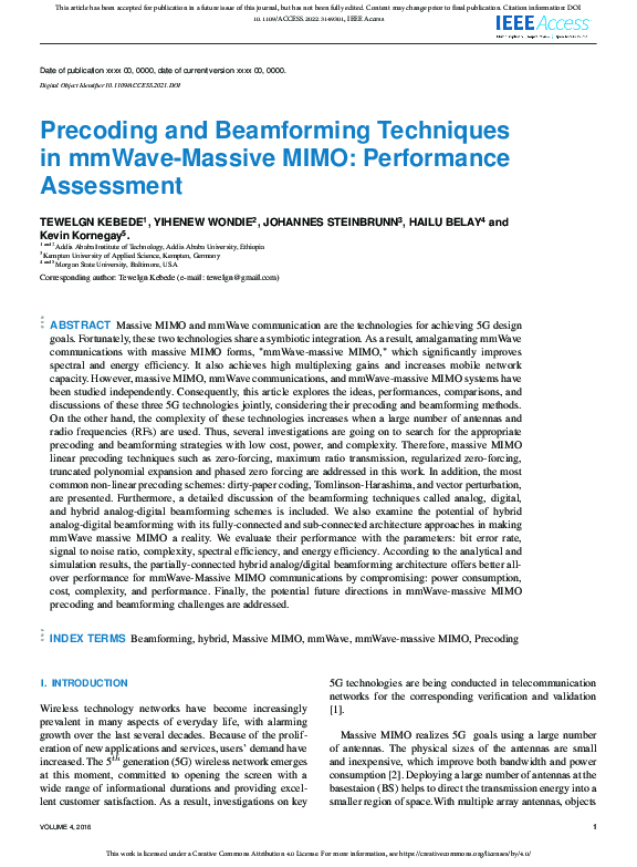 (PDF) Precoding and Beamforming Techniques in mmWave-Massive MIMO: Performance Assessment
