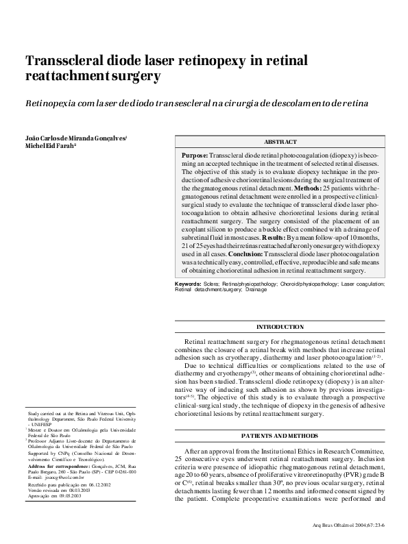 (PDF) Transscleral diode laser retinopexy in retinal reattachment surgery