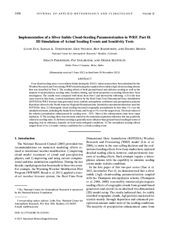 (PDF) Implementation of a Silver Iodide Cloud-Seeding Parameterization in WRF. Part I: Model ...