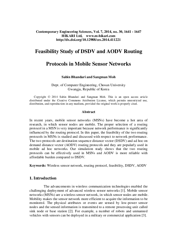 (PDF) Feasibility study of DSDV and AODV routing protocols in mobile sensor networks | sabin ...