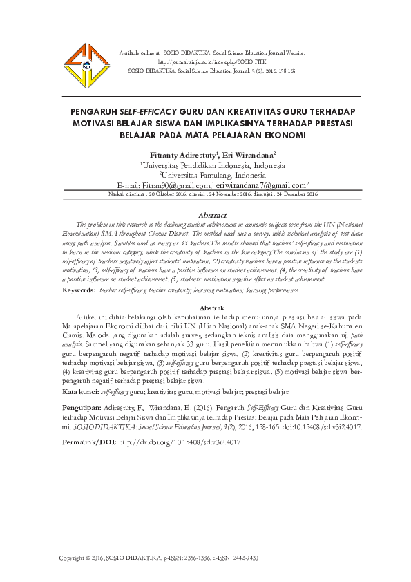 (PDF) Pengaruh Self-Efficacy Guru dan Kreativitas Guru Terhadap Motivasi Belajar Siswa dan ...