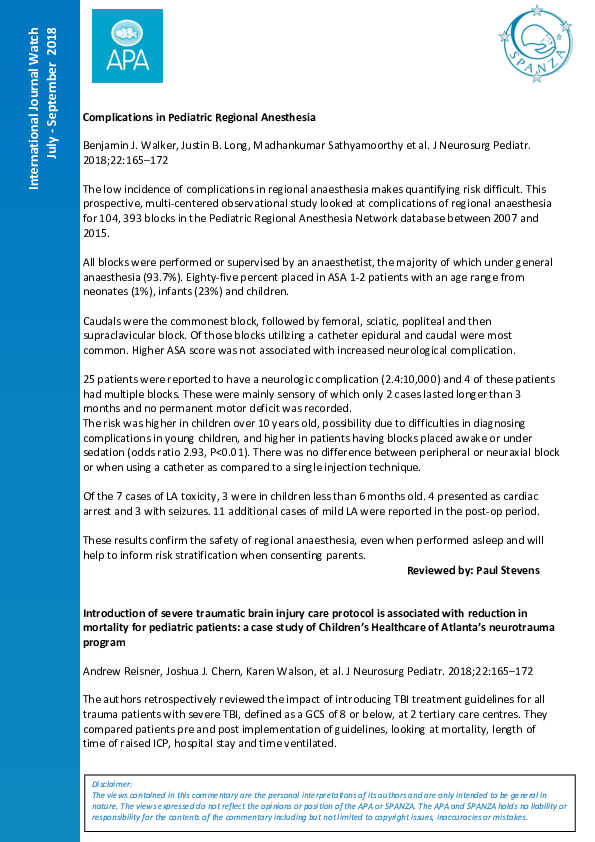 (PDF) Complications in Pediatric Regional Anesthesia: An Analysis of ...