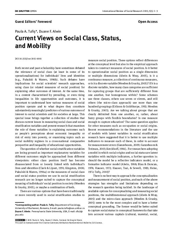(PDF) Current Views on Social Class, Status, and Mobility