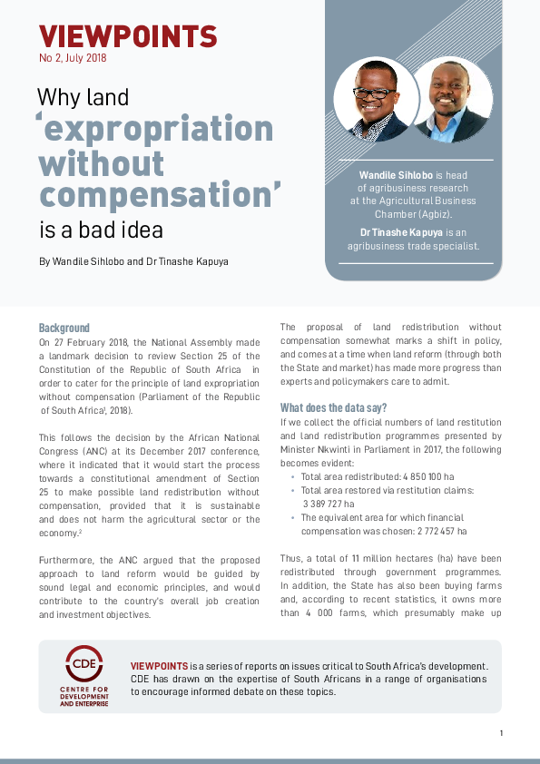 (PDF) Why Land 'Expropriation without Compensation' is a bad idea