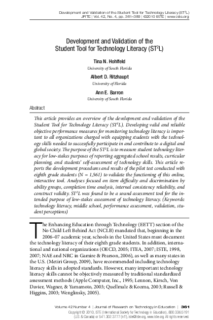 (PDF) Development and validation of the Student Tool for Technology Literacy (ST2L | Tina ...