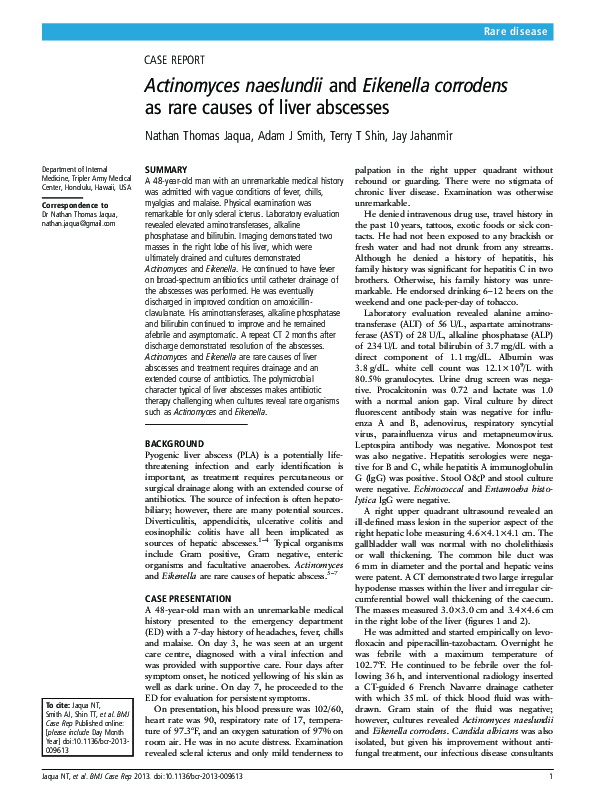 (PDF) Actinomyces naeslundii and Eikenella corrodens as rare causes of liver abscesses | jay ...