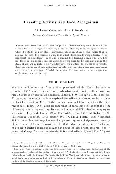 (PDF) Encoding activity and face recognition