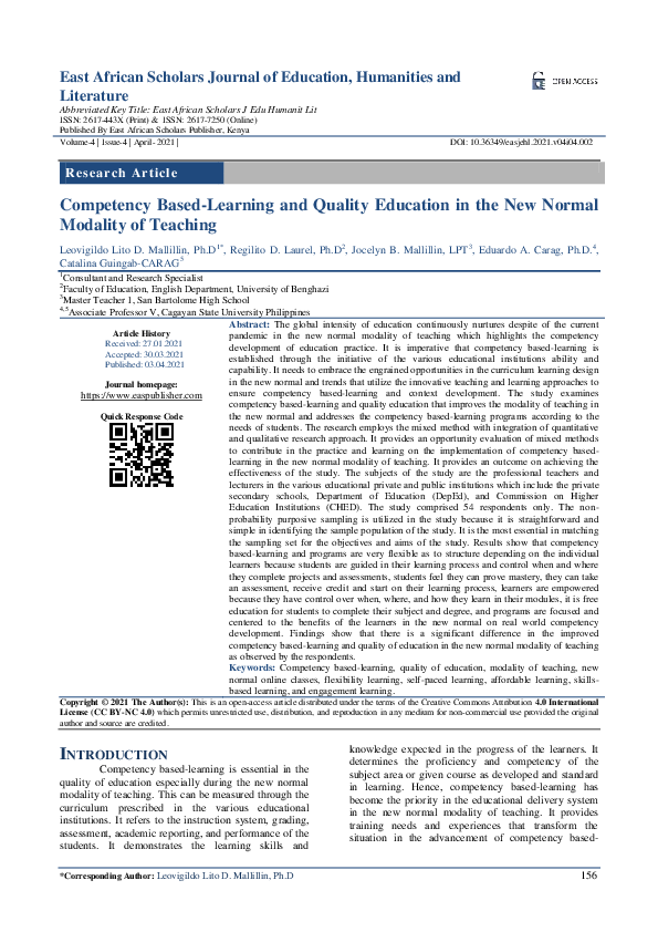 (PDF) Competency Based-Learning and Quality Education in the New Normal ...