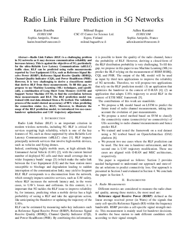 (PDF) Radio Link Failure Prediction in 5G Networks