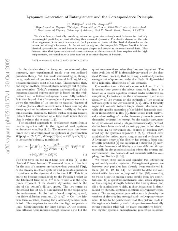 (PDF) Lyapunov Generation of Entanglement and the Correspondence ...