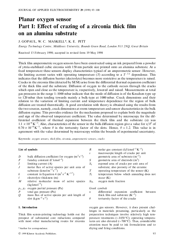 (PDF) Planar oxygen sensor Part I: Effect of crazing of a zirconia ...