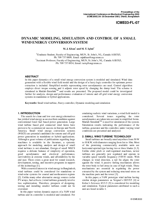 Pdf Dynamic Modeling Simulation And Control Of A Small Wind Energy