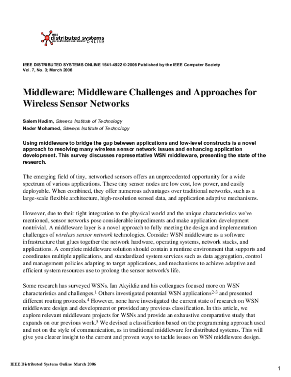 (PDF) Middleware: Middleware Challenges and Approaches for Wireless Sensor Networks