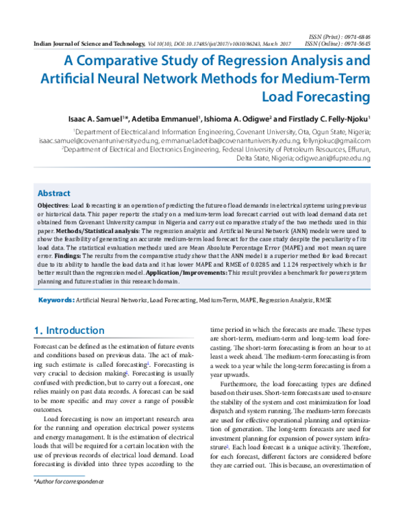 (PDF) A Comparative Study of Regression Analysis and Artificial Neural Network Methods for ...