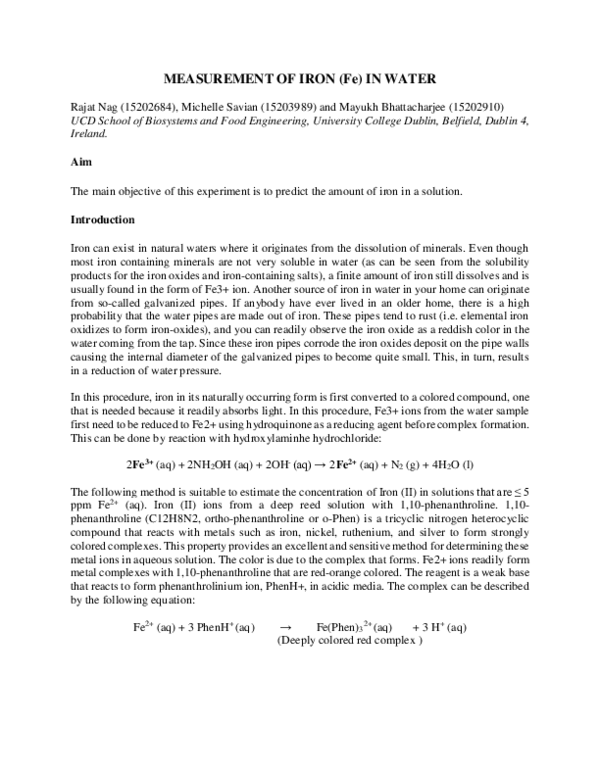 (PDF) MEASUREMENT OF IRON (Fe) IN WATER