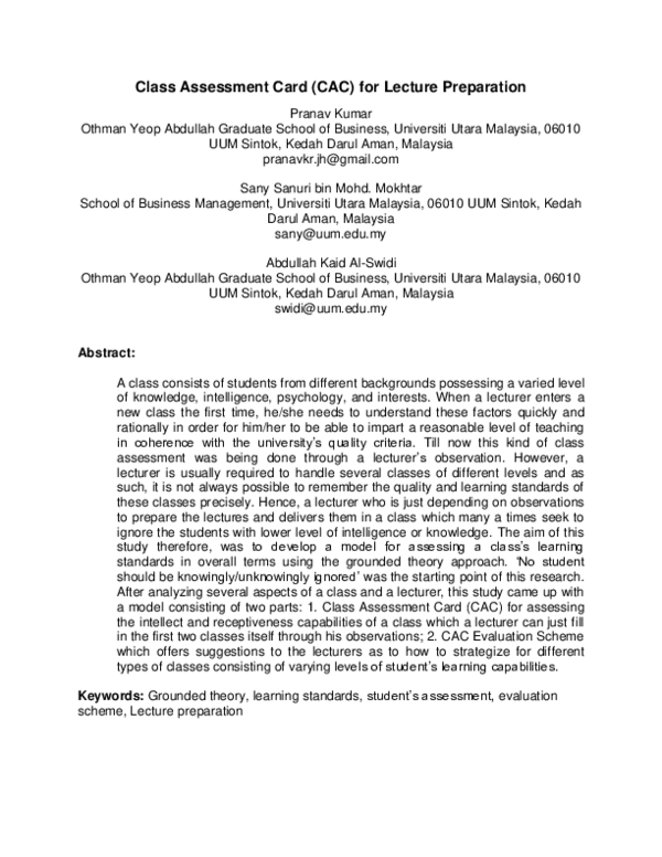 (PDF) Class Assessment Card (CAC) for lecture preparation