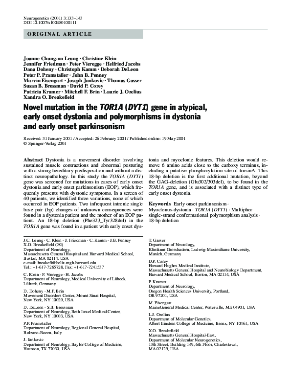 (PDF) Novel mutation in the TOR1A (DYT1) gene in atypical, early onset ...