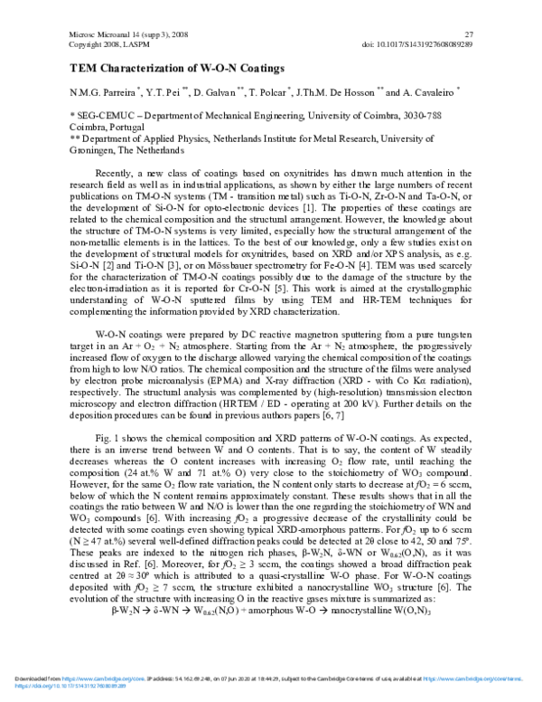 (PDF) TEM Characterization of W-O-N Coatings