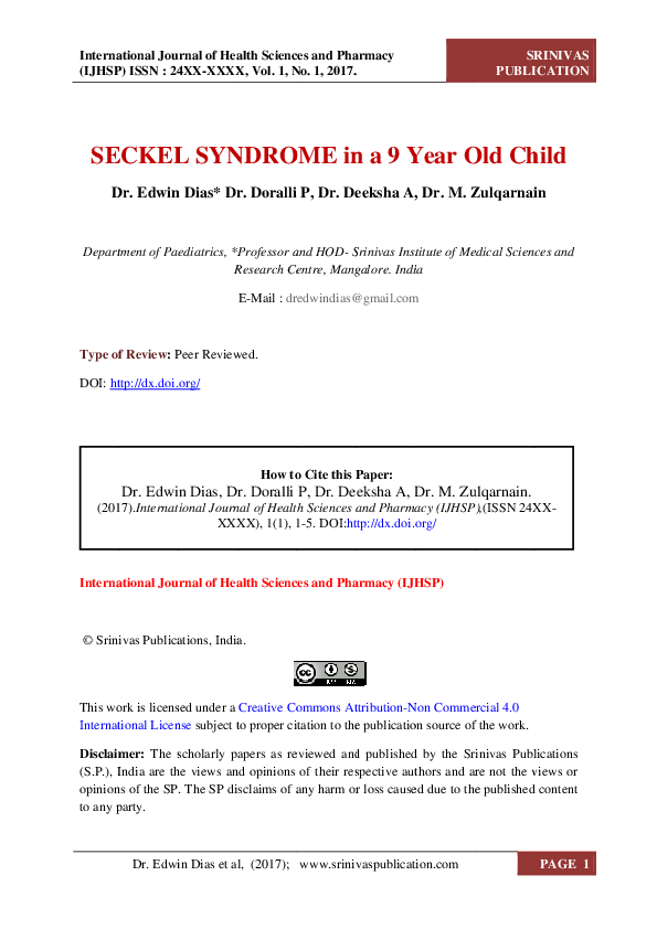 (PDF) Seckel Syndrome in a 9 Year Old Child