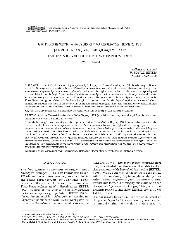 (PDF) A Phylogenetic Analysis of Vanzolinius Heyer, 1974 (Amphibia ...