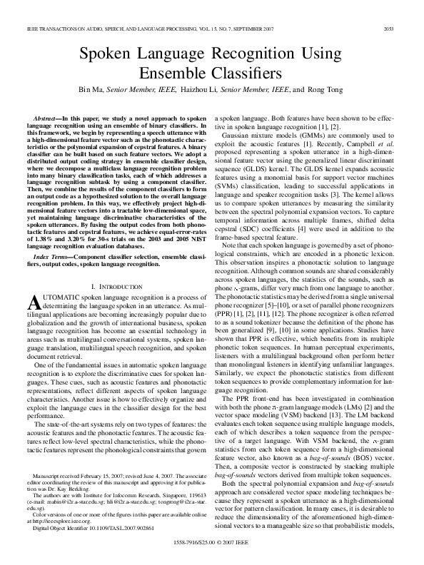 (PDF) Spoken Language Recognition Using Ensemble Classifiers | tong rong - Academia.edu