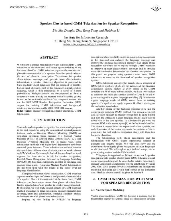 Pdf Speaker Cluster Based Gmm Tokenization For Speaker Recognition