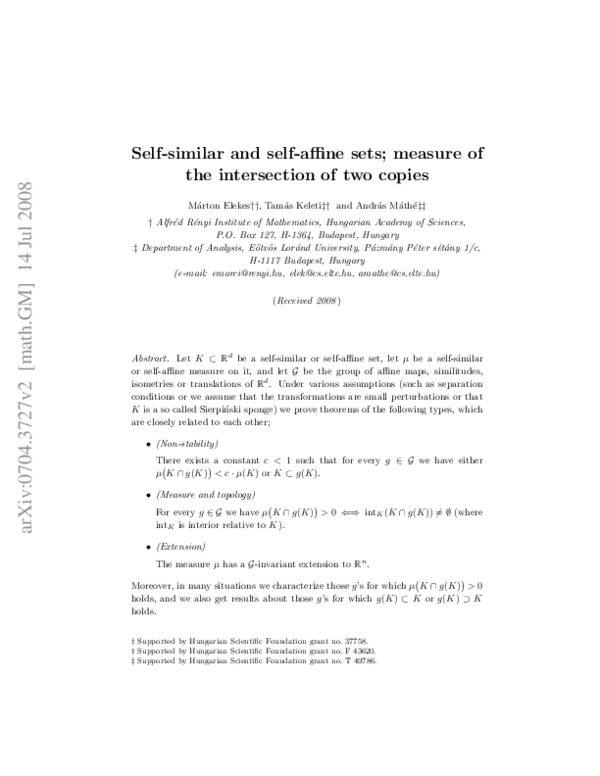 (PDF) Self-similar and self-affine sets: measure of the intersection of two copies | Tamás ...