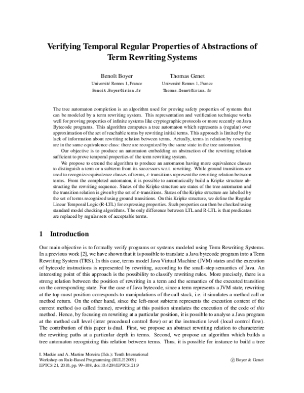 (PDF) Verifying Temporal Regular Properties of Abstractions of Term Rewriting Systems | Thomas ...