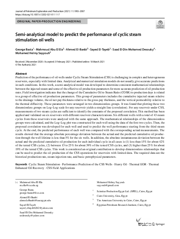 (PDF) Semi-analytical model to predict the performance of cyclic steam stimulation oil wells
