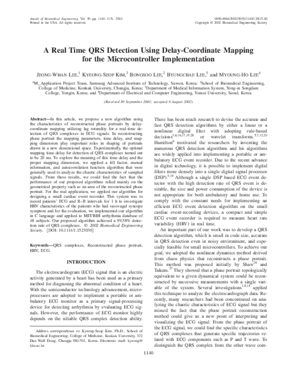 Pdf A Real Time Qrs Detection Using Delay Coordinate Mapping For The Microcontroller