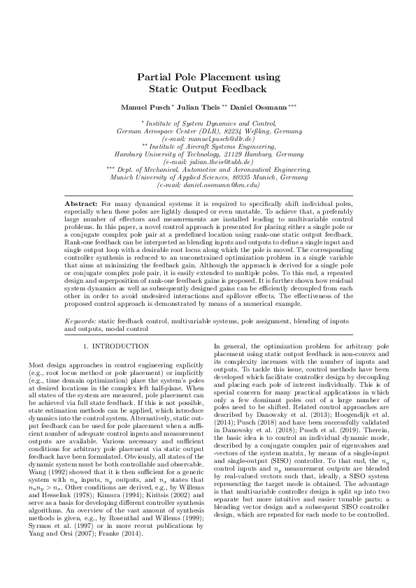 Pdf Partial Pole Placement Using Static Output Feedback