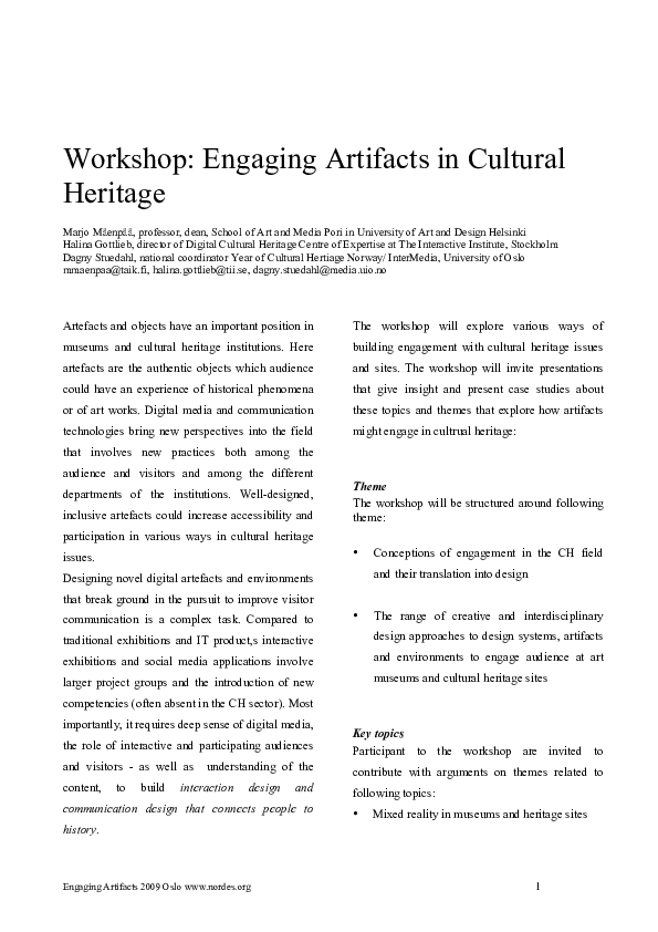 (PDF) Engaging Artifacts in Cultural Heritage