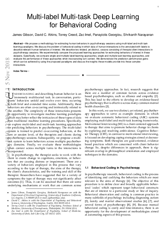 (PDF) Multi-label Multi-task Deep Learning for Behavioral Coding | Torrey Creed - Academia.edu