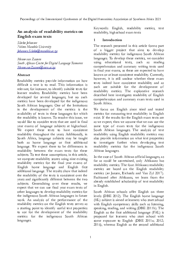 (PDF) An analysis of readability metrics on English exam texts