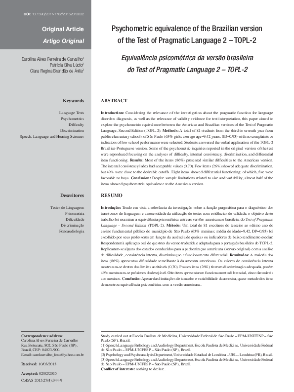 (PDF) Psychometric equivalence of the Brazilian version of the Test of ...