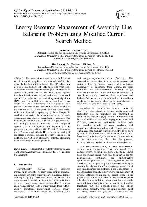 (PDF) Energy Resource Management of Assembly Line Balancing Problem using Modified Current ...