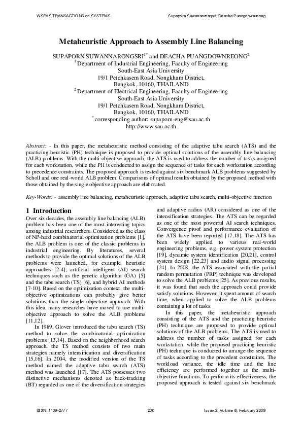 (PDF) Metaheuristic Approach to Assembly Line Balancing