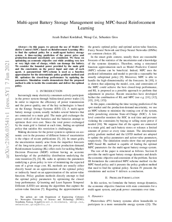 (PDF) Multi-agent Battery Storage Management using MPC-based Reinforcement Learning