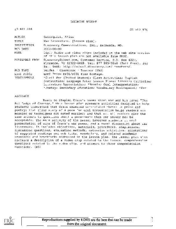 (PDF) War Literature. [Lesson Plan]